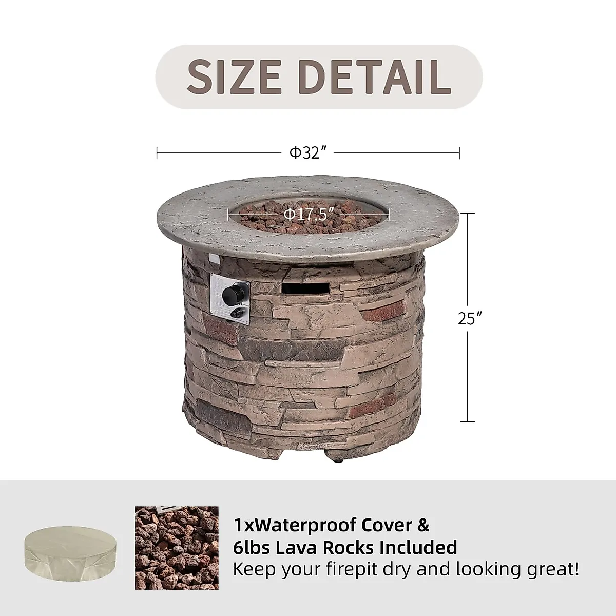 SUNBURY Outdoor Fire Pit Propane Round Fire Pit Table Fire Column, Stonecrest 40,000 BTU Gas Fire Pits for Outside w Lava Rocks, Waterproof Cover