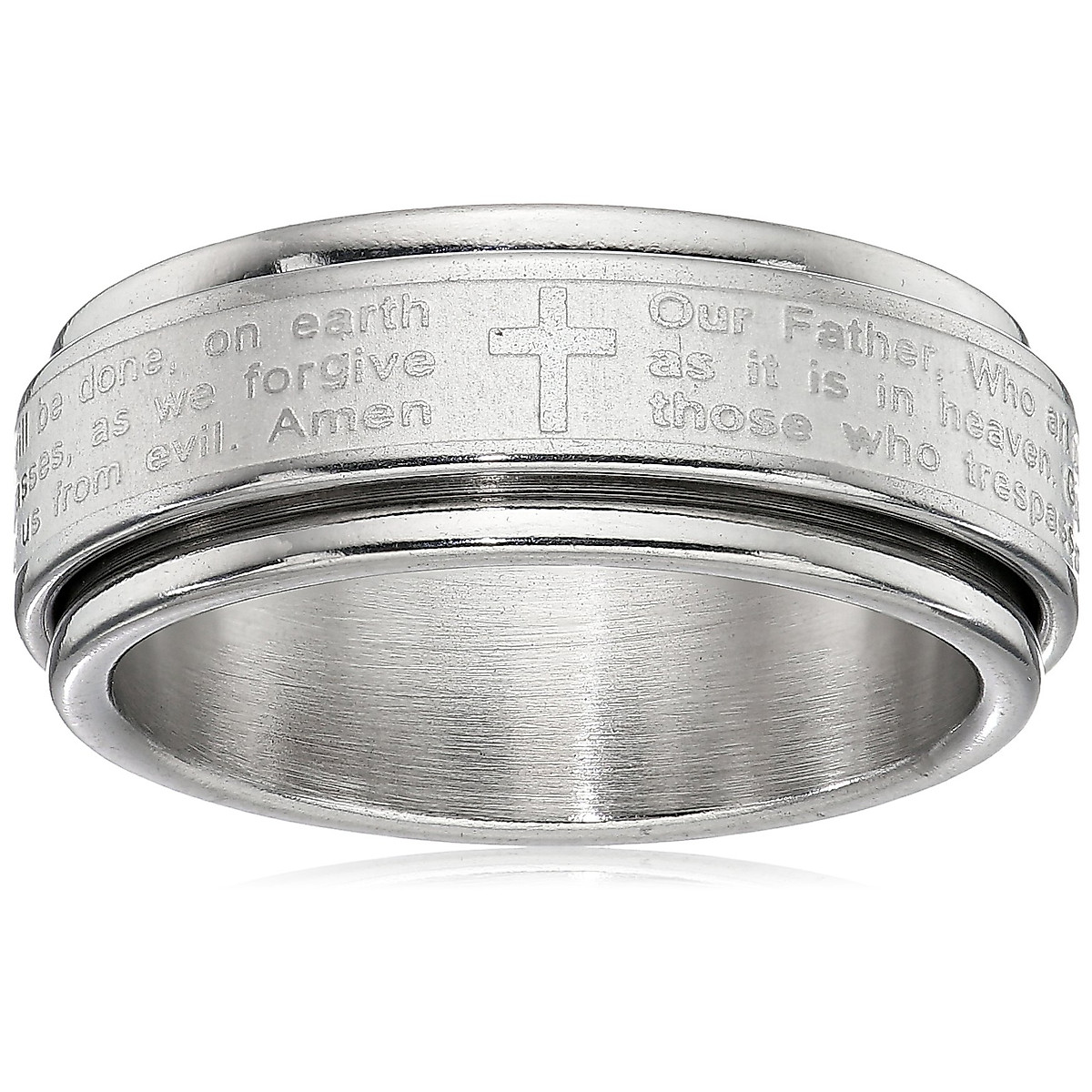 Amazon Essentials Steeltime Men's 18k Gold Plated Our Father Prayer Spinner Band Ring,Silver,8, (previously Amazon Collection)