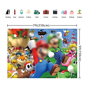 Super Brother Backdrop Children Fans Birthday Party Supplies Decoration Background Boy Adventure Theme Cartoon Video Game Shooting Banner Family Cake Table Photo Props (7x5FT(210x150cm))