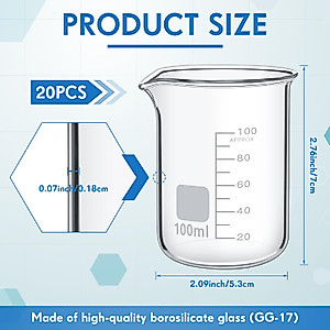 Tanlade 20 Pcs 100 ml Glass Beaker (GG-17), High Borosilicate Lab Beakers with Printed Graduation for Laboratory, School Projects, Science Themed Birthday Parties Daily Use