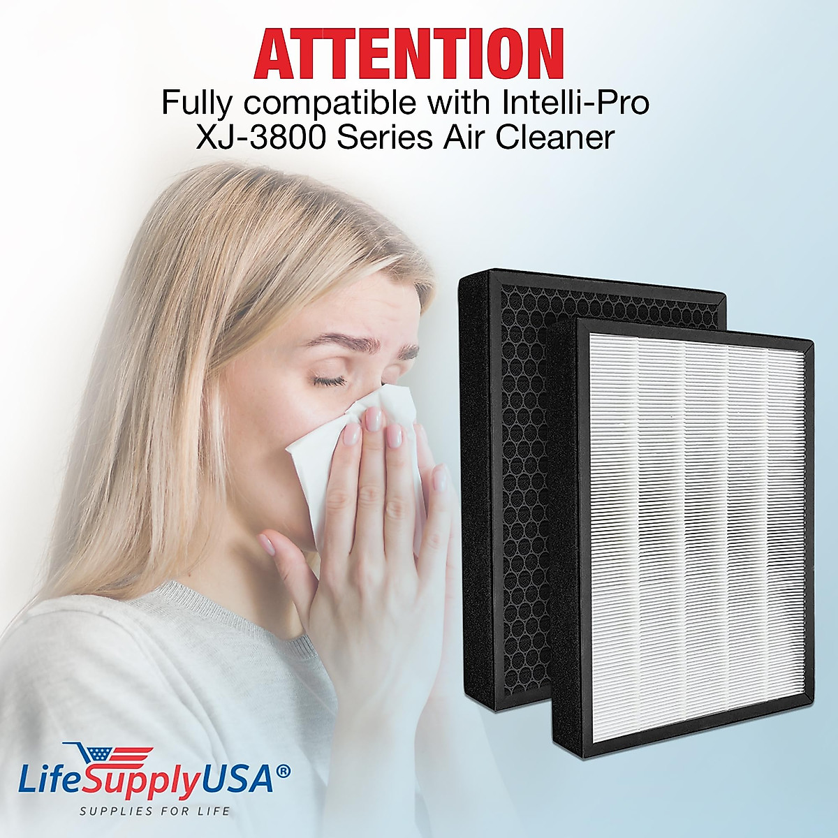 LifeSupplyUSA 2-in-1 True HEPA Air Cleaner Replacement Filter + Activated Carbon Charcoal for Surround Air Intelli-Pro XJ-3800 Series Air Cleaner
