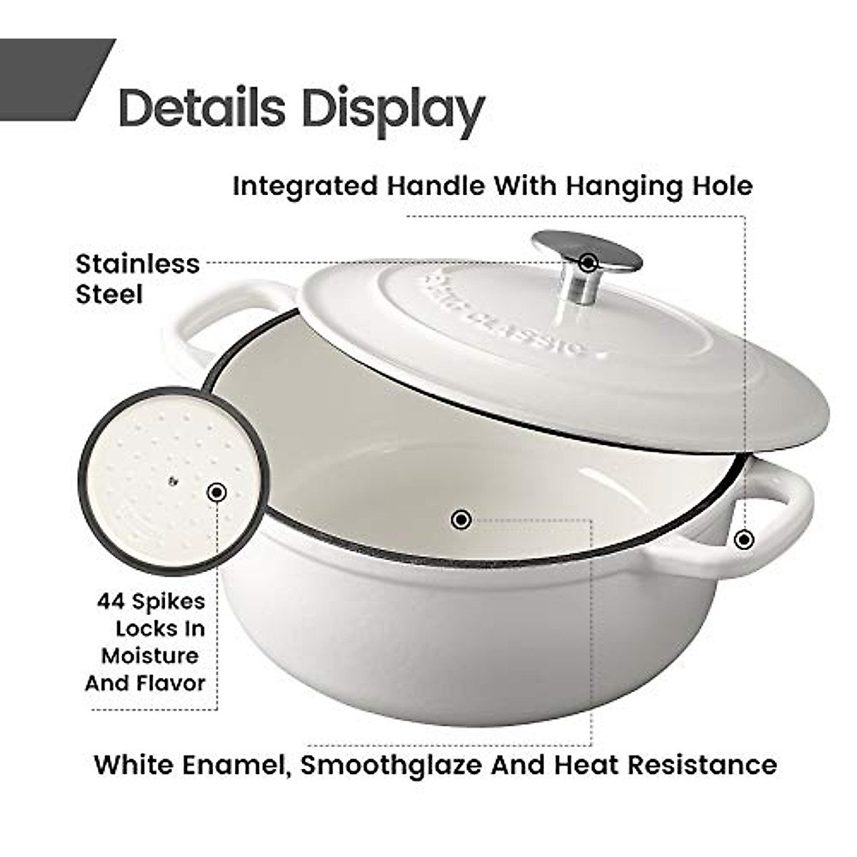 EDGING CASTING Dutch Ovens Enameled Cast Iron Covered 5.5 Quart Dutch Oven with Dual Handle for Bread Baking, White