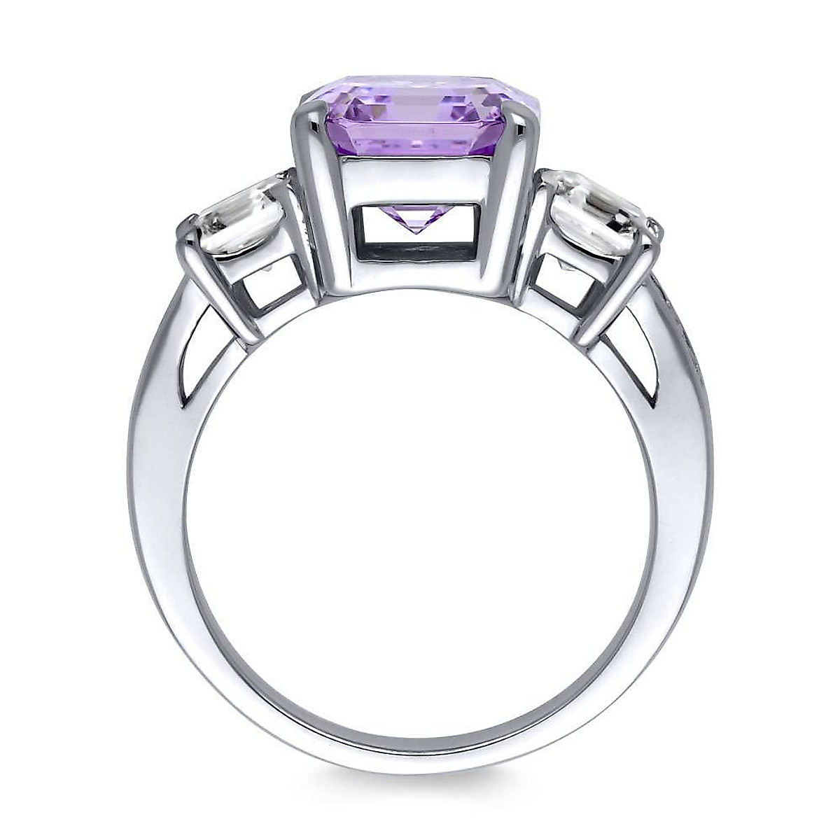 BERRICLE Sterling Silver 3-Stone Wedding Engagement Rings Purple Asscher Cut Cubic Zirconia CZ Statement Cocktail Anniversary Ring for Women, Rhodium Plated Size 4