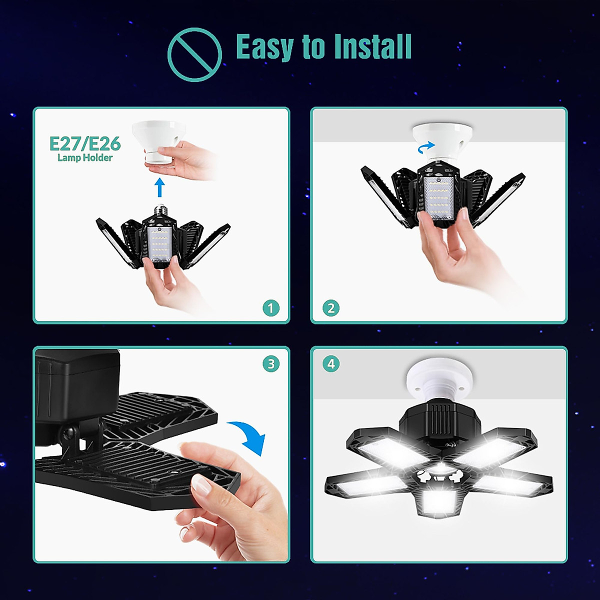 BRAINIAC 2 Pack 100W & 2 Pack 150W LED Garage Light Bulb Deformable Garage Light Fixture E26/E27 Screw-in Garage Lights Ceiling Led for Basement Workshop