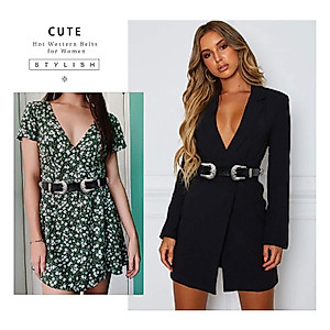 SUOSDEY Western Belts for Women Black Leather Belts for Jeans Dresses with Retro Double Buckle