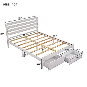 LCH Queen Size Murphy Bed with Storage Drawer and Little Shelves on Each Side, Solid Wood Queen Platform Bed Frame for Kids Teens Adults, No Box Spring Needed (White)