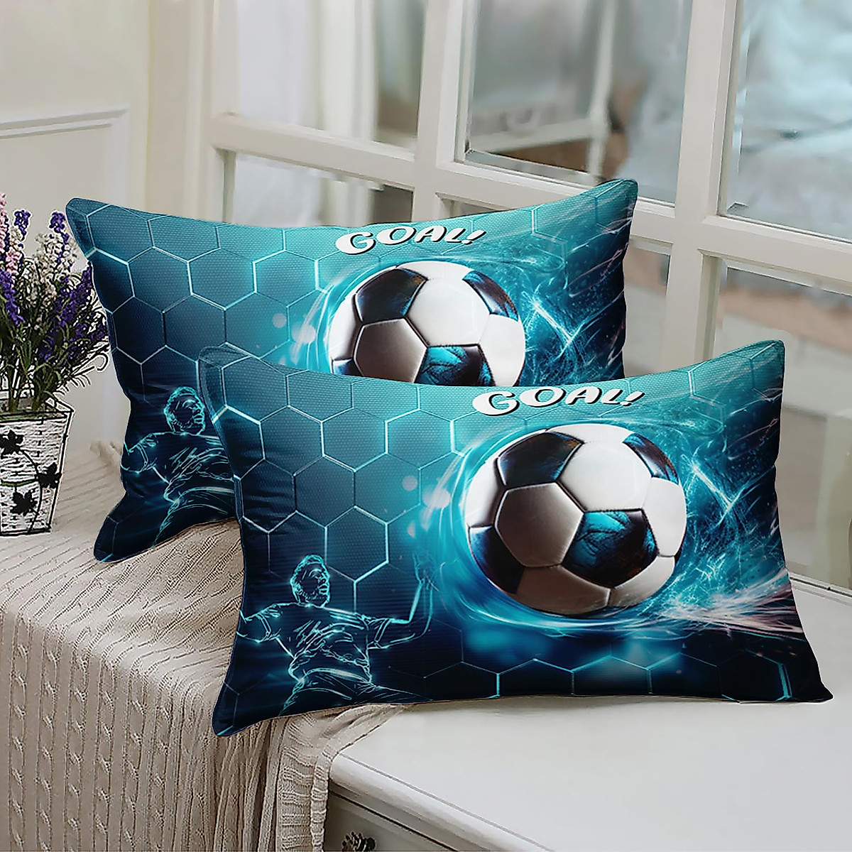 AILONEN Boys Soccer Printed Fitted Sheet Set Queen Size,Football Player Blue Bed Sheet Set,Sports Fitted Sheet with 2 Pillowcases,3 Piece Speed Soccer Bedding Set for Kids Teens Men