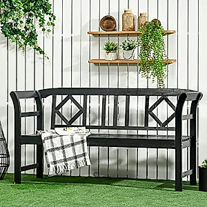 Outsunny Three-Person Wooden Bench, Three-Seater Outdoor Patio Bench, Backrest and Armrests, Rustic Country Diamond Pattern, Slatted Seat for Backyard, Porch Garden, Black