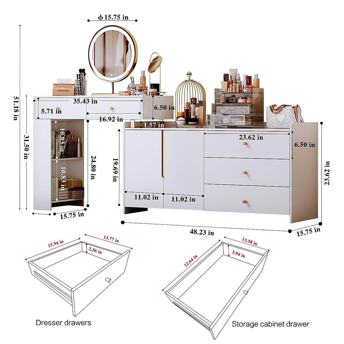 Vanity desk with mirror and lights, 3 Color Touch Screen,Modern Retractable Makeup Dressing Table with Adjustable Cabinet and 5 Sliding Drawers,Vanity Table Set ,Writing Desk Bedroom Essential,White