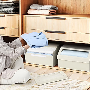 DIMJ Closet Storage Bins with Lids, Storage Boxes with Front Window, Foldable Fabric Storage Bins, Closet Organizers and Storage for Clothes Towels Shelves, 4 Pack Beige