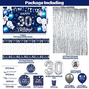 30th Birthday Decorations for Men and Women, 131 PCS Navy Blue Silver 30th Birthday Party Supplies Includes Blue Happy 30th Birthday Banner Balloons Napkins Cups Tablecloth Plates Foil Backdrops for