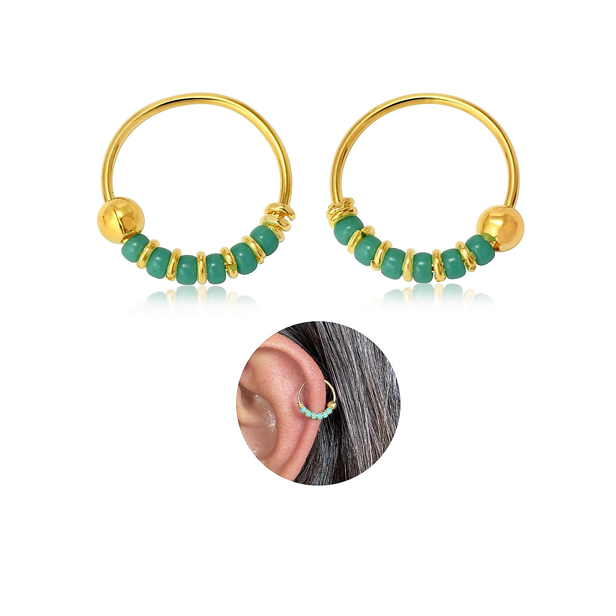 Handmade Gold Pair Small 10MM Cartilgae Helix Piercing Turquoise Beaded Hoop Earrings, Gold Plated over Sterling Silver Thin 22Gauge Beads Hoops for women, By Miya Jewelry