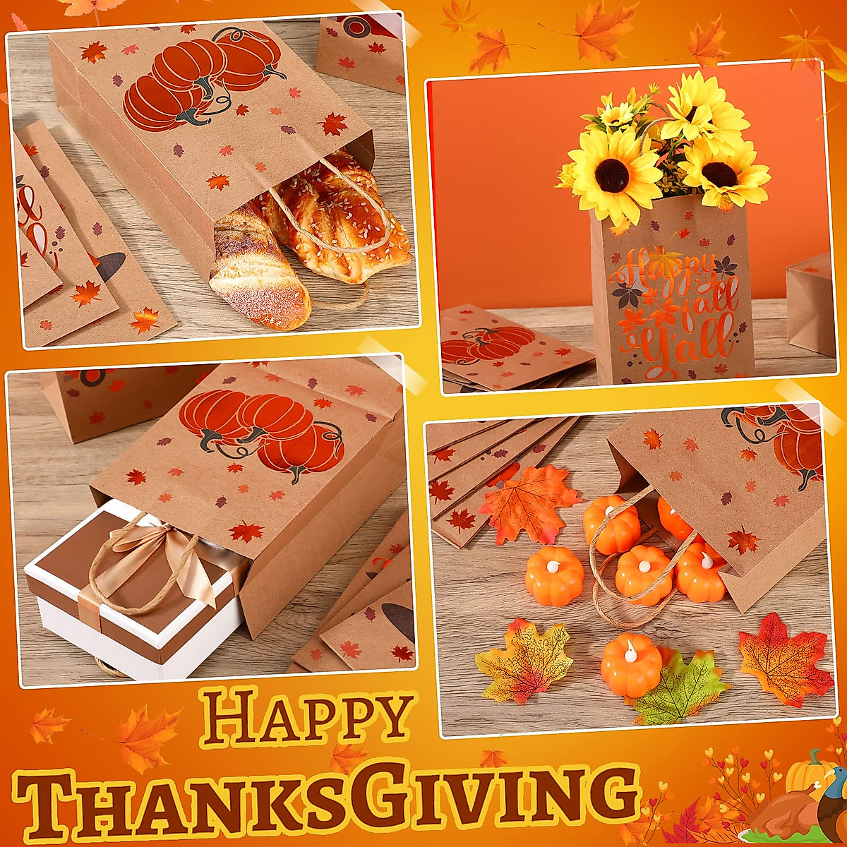 Yexiya Fall Gift Bags Bulk Thanksgiving Kraft Paper Treat Bags Fall Candy Bags with Handles Fall Goodies Bags for Thanksgiving Party Favors Supplies(24 Pcs)