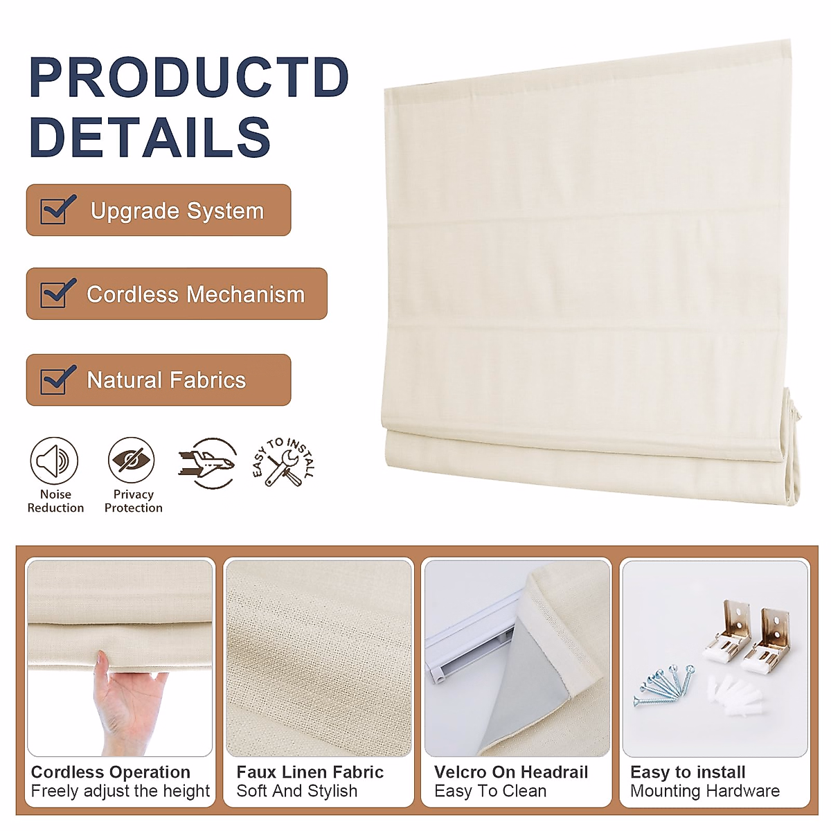 Sunbox Cordless Roman Shade, Window Treatment, Polycotton, Beige White, Blackout, Custom Size, Easy Installation