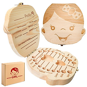 Dengyi Baby Tooth Box, Kids Keepsake Organizer for Baby Teeth, Wooden Tooth Fairy Box for Boy or Girl to Keep the Wonderful Childhood Memory (Girl)