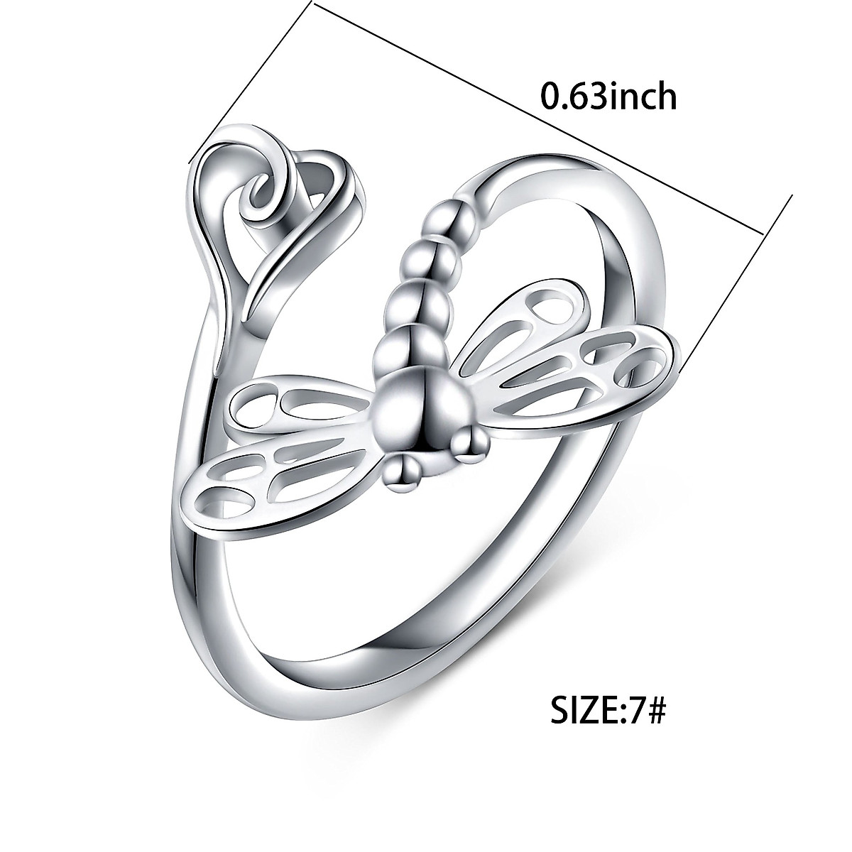 DAOCHONG 925 Sterling Silver Open Heart Insect Dragonfly Wrap Ring for Women (Adjustable Ring) (Dragonfly(wing fitting finger design))