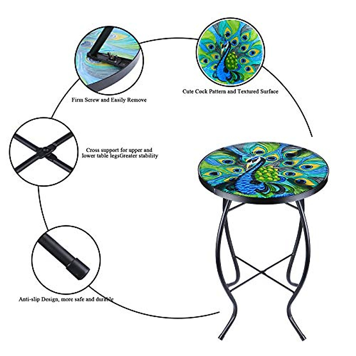 MUMTOP Outdoor Side Tables Patio Table 14’’ Round Mosaic Accent Table Peacock Glass Plant Stand Decor for Garden, Balcony Indoor Use…