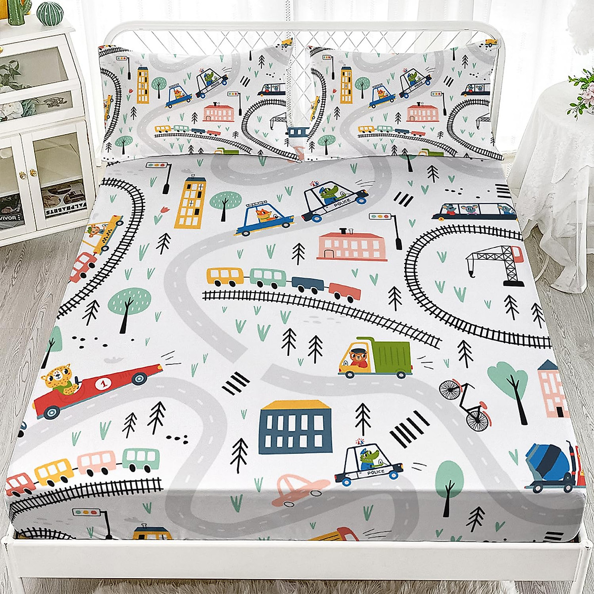 AILONEN Construction Fitted Sheet Set Full Size, Cartoon Cars Fitted Sheet,Equipment Truck Sheets Set for Boys Kids, 1 Fitted Sheet and 2 Pillowcases