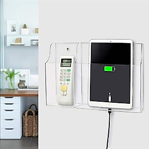 Yoillione Wall Mount Tablet and Phone Charging Stand for Tablet, Smartphone, E-Book, 2 Slots Remote Control Holder for TV, Air Conditioning, Clear Acrylic Remote Storage Media Organizer Box