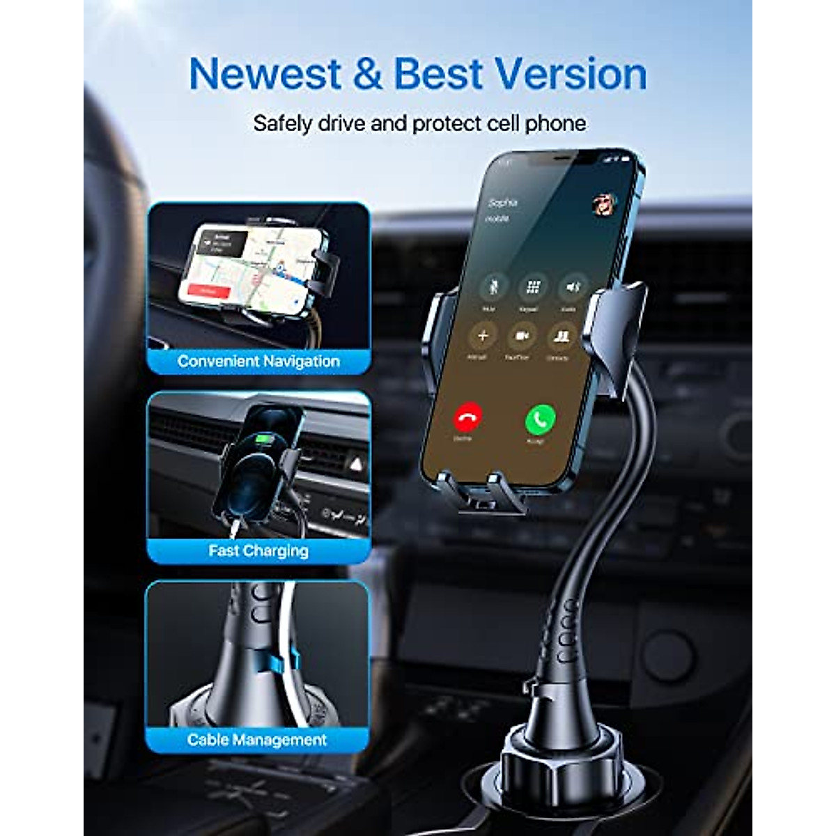 andobil [Newest & Solidest 15in Cup Holder Phone Mount, [Stable & Adjustable] Long Gooseneck Cup Phone Holder for Car Truck [Military-Grade] Fit for iPhone 14 13 12 Pro Max & All Cell Phones
