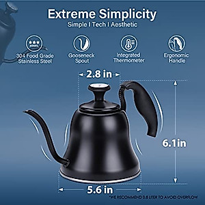 Chefbar Tea Kettle with Thermometer for Stove Top Gooseneck Kettle, Pour Over Coffee Kettle, Tea Pot Stovetop Teapot, Hot Water Heater Boiler for Camping, Home & Kitchen, Matte Black - 28oz