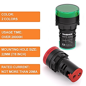 GASHER 12V/24V/110V 20mA Energy Saving Indicator Light Mounting Hole Size 22mm (7/8 Inch) Red Green (110V) 10 Pcs