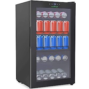NutriChef PKTEBC80.5 18.69 Gallon Freestanding/Kitchen Countertop Black Electric Center Cooler Soda Beer Refrigerator w/Built-in Fan, Clear Glass Door 132-Can Canned Beverage Mini Fridge