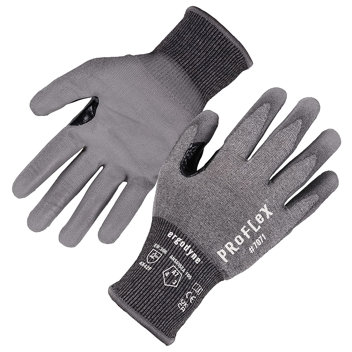Ergodyne ProFlex 7071 Cut Resistant Work Gloves, ANSI A7, PU Coated Palms for Flexible No Slip Grip, Reinforced Thumb Saddle, 18g HPPE and Tungsten, Gray, Large