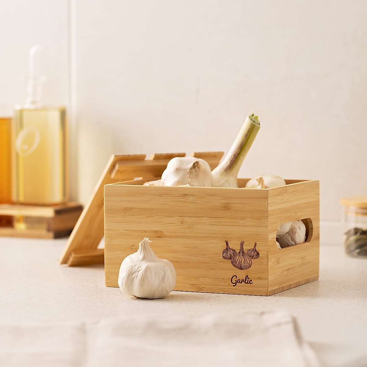 Navaris Bamboo Stackable Potato Onion & Garlic Storage, Set of 3 - Vegetable Storage Crates for The Home and Kitchen - Storage Boxes for Vegetables