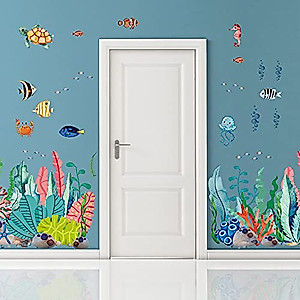 2 Sheets Large Under The Sea Wall Decals Ocean Creature Sea Life Stickers Removable Seaweed Sea Turtle Jellyfish Fish Ocean Grass Decor for Kids Baby Nursery Bedroom Playroom Bathroom Living Room