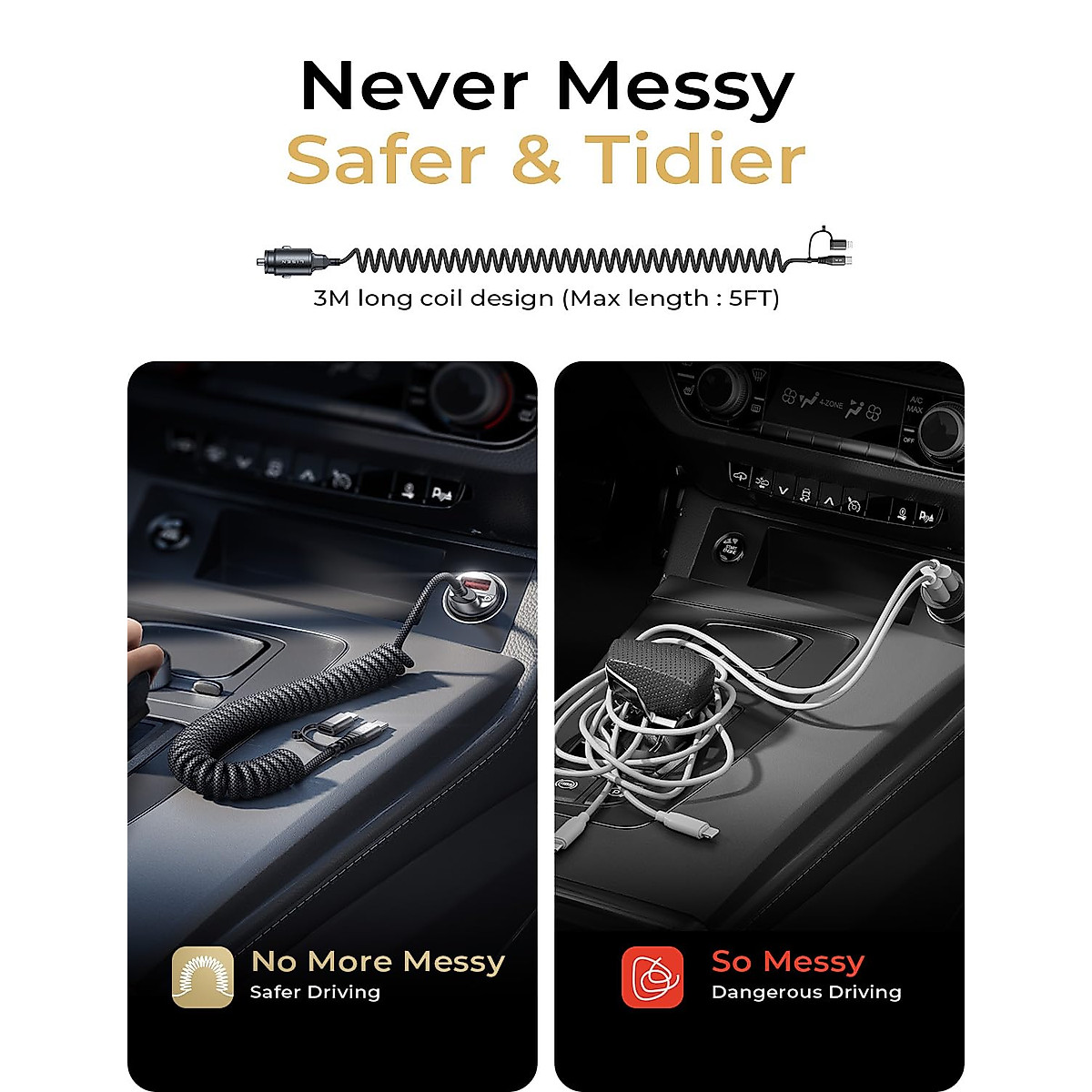 LISEN 90W iPhone 15 Car Charger, 45WPD+QC3.0 Fast Charging Cigarette Lighter USB Charger with 2-IN-1 Type C/Lightning Coiled Cable 5FT, Certified USB C Car Charger for iPhone 15 Pro Max 14/Samsung S23