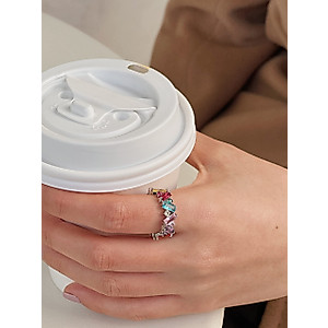 Michooyel Eternity Rainbow Ring Band Ring for Women Rhodium Plated Baguette Multicolor Cubic Zirconia Eternity Ring