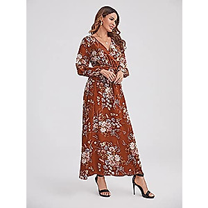 Floerns Women's Summer Wrap V Neck Long Sleeve Belted Floral Print Maxi Dress Rust Brown S