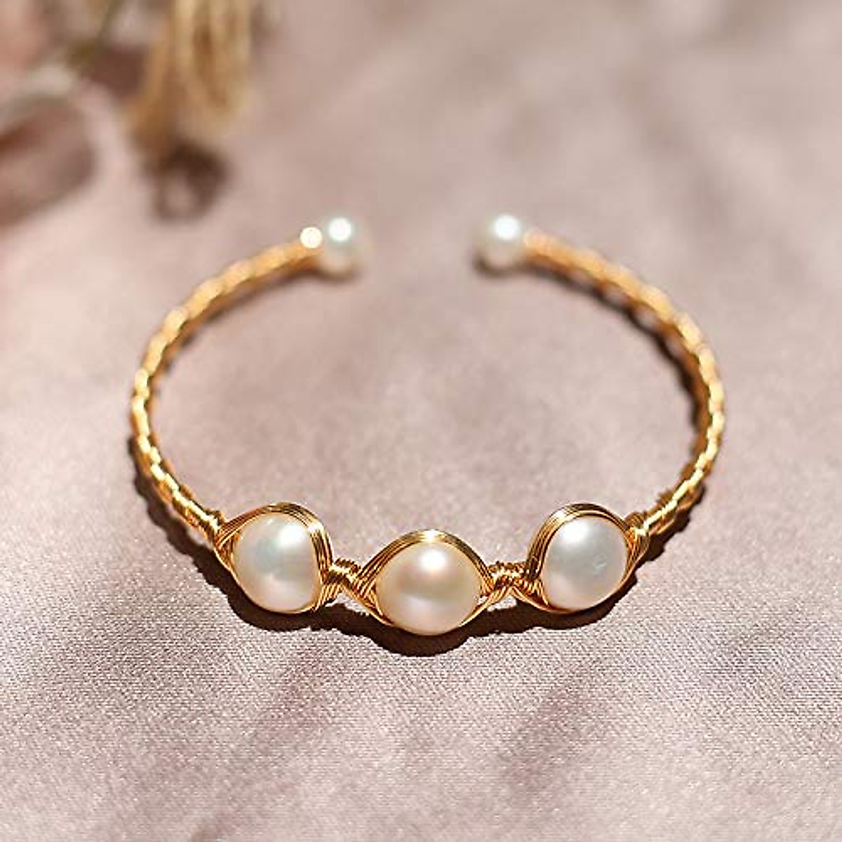 DENGGUANG Pearl Bangle for Women,Freshwater Cultured Pearl Open Cuff Wrap Bangle Bracelets Jewelry Gift for Mom Wife