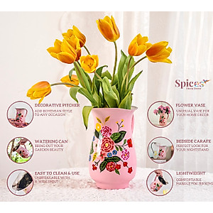 Hand Painted Stainless Steel Water Pitcher - Large Metal Water Jug, for Cold Drinks, Floral Design Beverage Carafe for Entertaining & Home Decor. 8” height, 1 Quart Decorative Vase. (Pink)