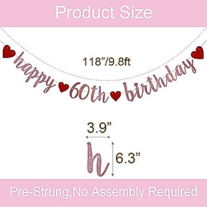 Happy 60th Birthday Banner, Pre-Strung,Rose Gold Glitter Paper Garlands for 60th Birthday Party Decorations Supplies, No Assembly Required,Rose Gold,SUNbetterland