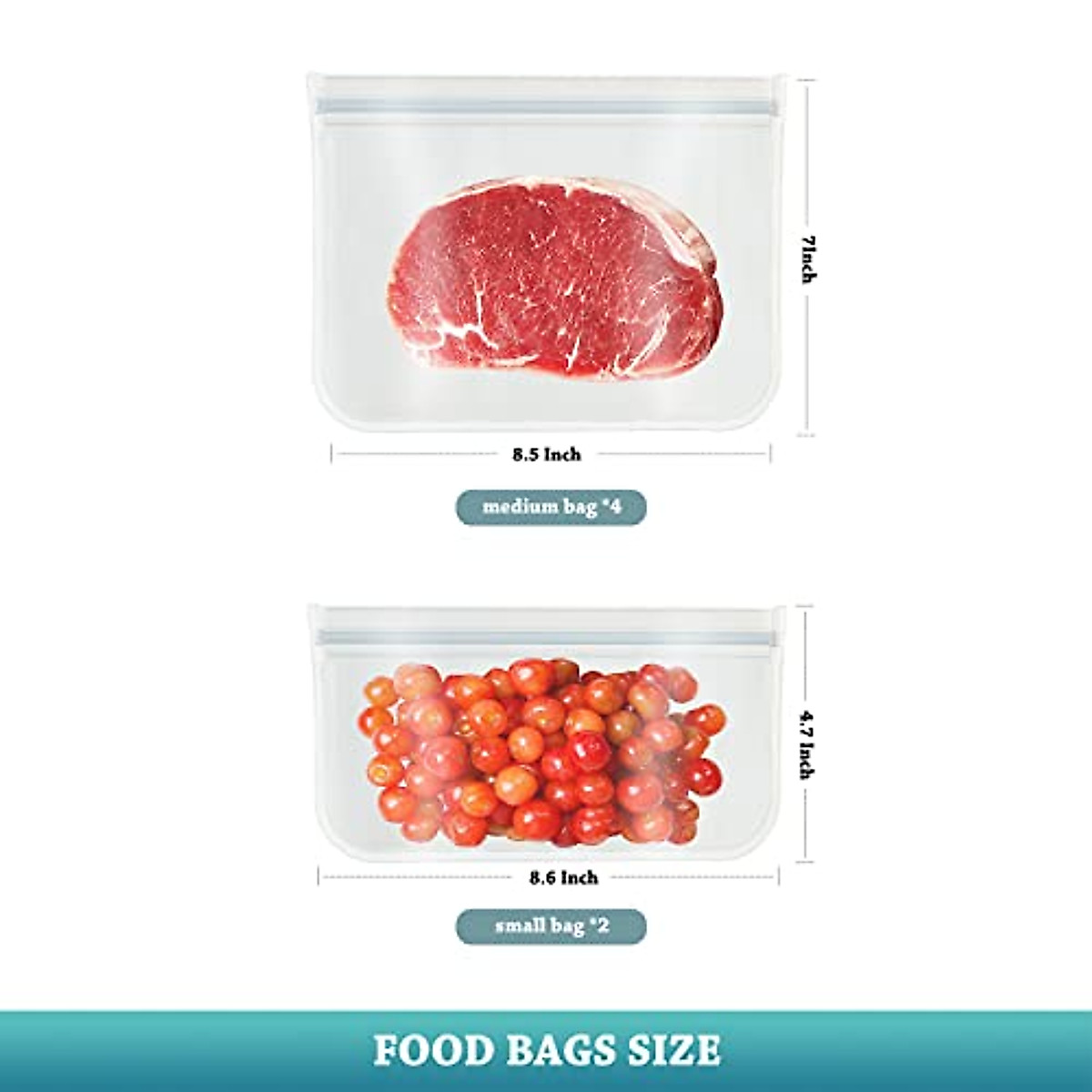 Reusable Food Storage Bags 6Pack, BPA Free Stasher Bag, Reusable Snack Bags Sandwich Bags Freezer Bags, Silicone Bags for Food Storage,Travel,Home Organize (2S+4M)