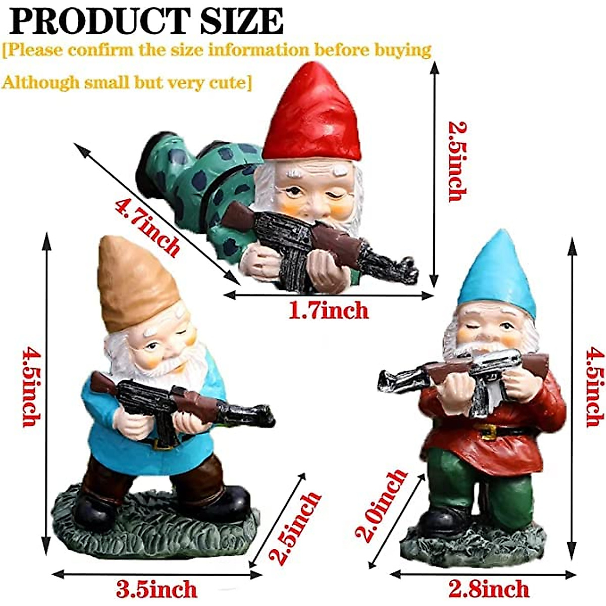 GAZETSZ Garden Gnomes, Gnome Statues, Military Gnome with Gun, Funny Army Gnomes Decorations for Yard, Indoor Outdoor Halloween Christmas Thanksgiving Gifts (Red+Yellow+Blue)