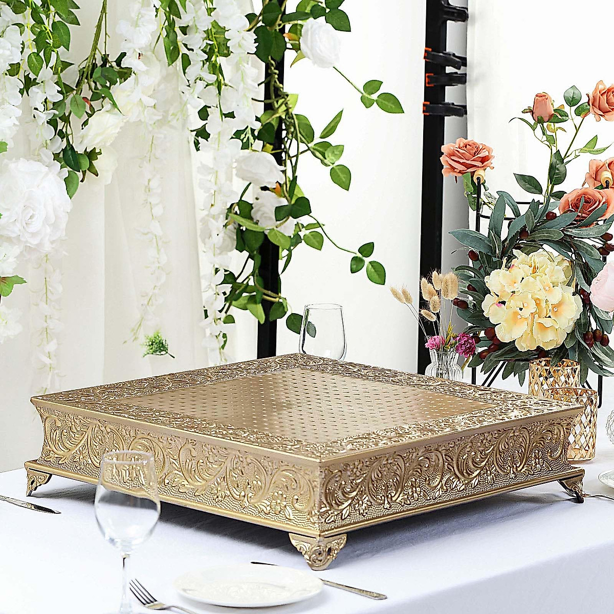 Efavormart 22” Gold Square Embossed Metal Cake Plateau Stand Riser Wedding Birthday Party Dessert Cake Pedestal Display Plate