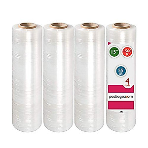 PackageZoom 4 Rolls 15" x 1500 Ft Stretch Wrap Heavy Duty, 55 Gauge High Performance Stretch Film Replaces 80 Gauge Low Films, Clear Hand Stretch Wrap