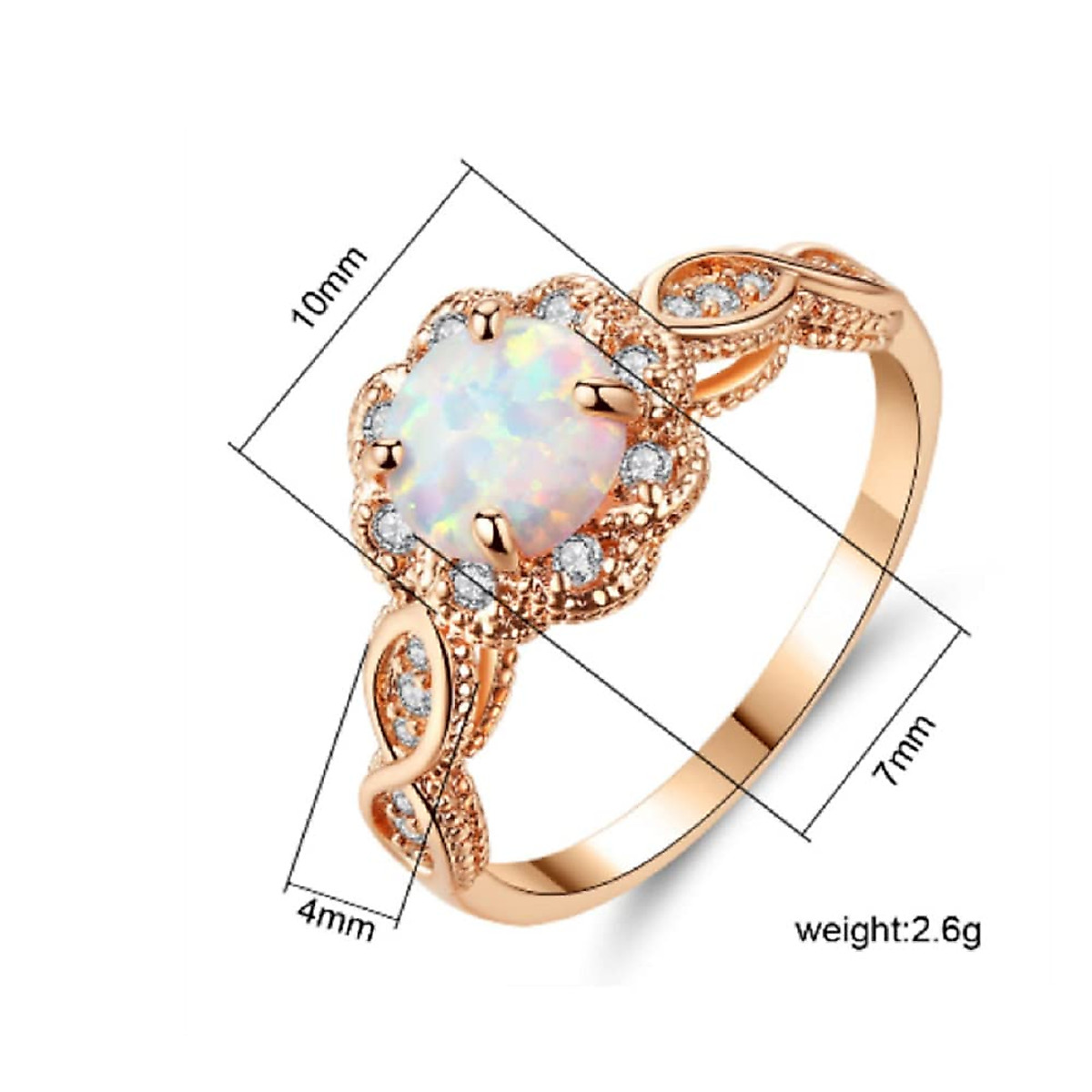 FLYYQMIAO 14K Gold Plated Rose Gold White Simulated Opal Ring White Fire Opal Zirconia Women Jewelry Wedding Engagement Anniversary Ring Flower Shape Women Finger Rings (8#)