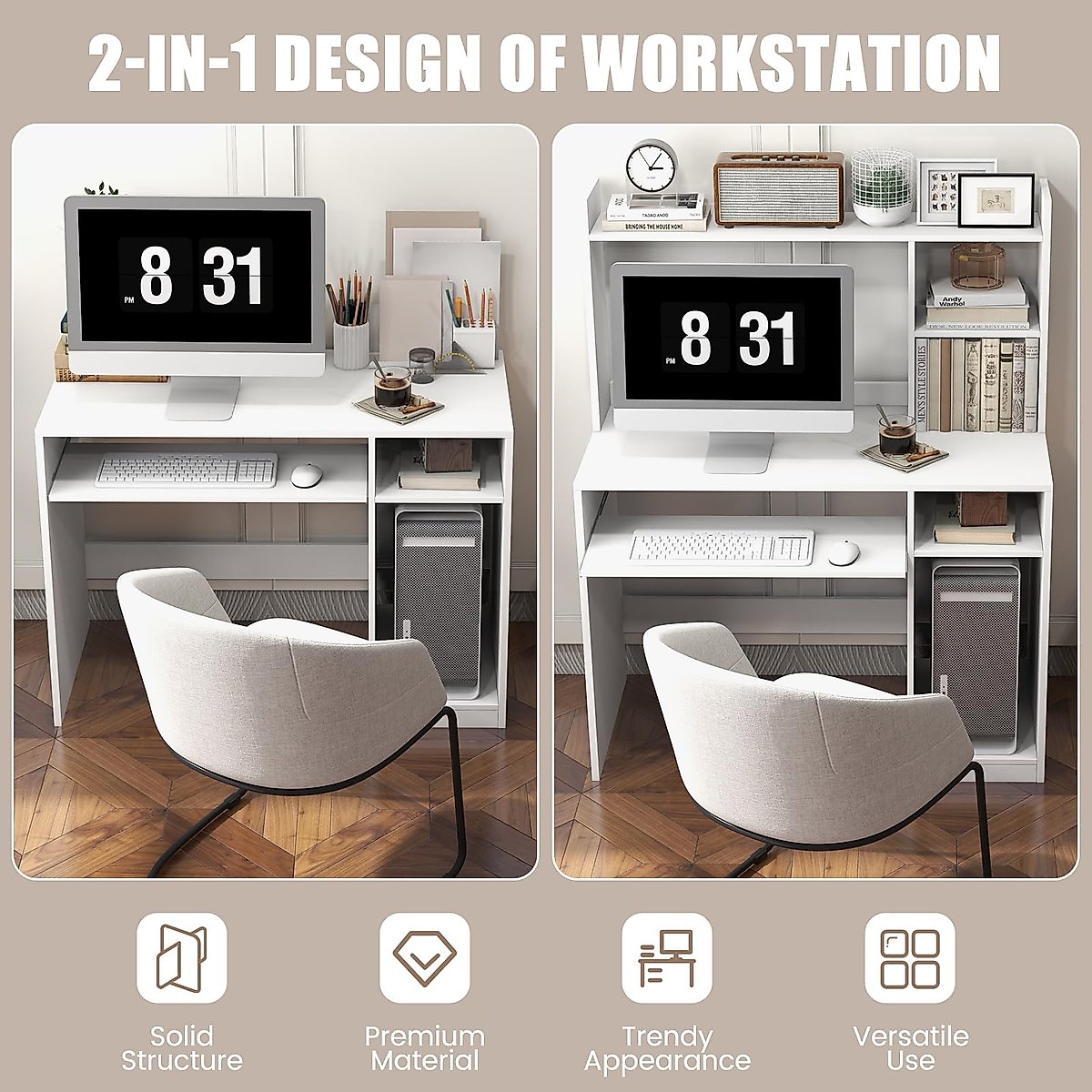 COSTWAY White Computer Desk with Storage Shelf, Wooden Writing Desk with Hutch, Office Desk with CPU Stand & Keyboard Tray, Home PC Desk with Bookshelf, for Bedroom, Study, Living Room