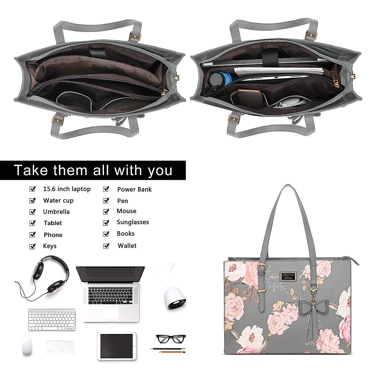 MOSISO Laptop Tote Bag Compatible with MacBook Air 15 inch M2 A2941/Pro 16 M3 M2 M1, 15-15.6 inch Notebook, Peony PU Leather Travel Work Briefcase with Detachable Bowknot & Small Purse, Grey