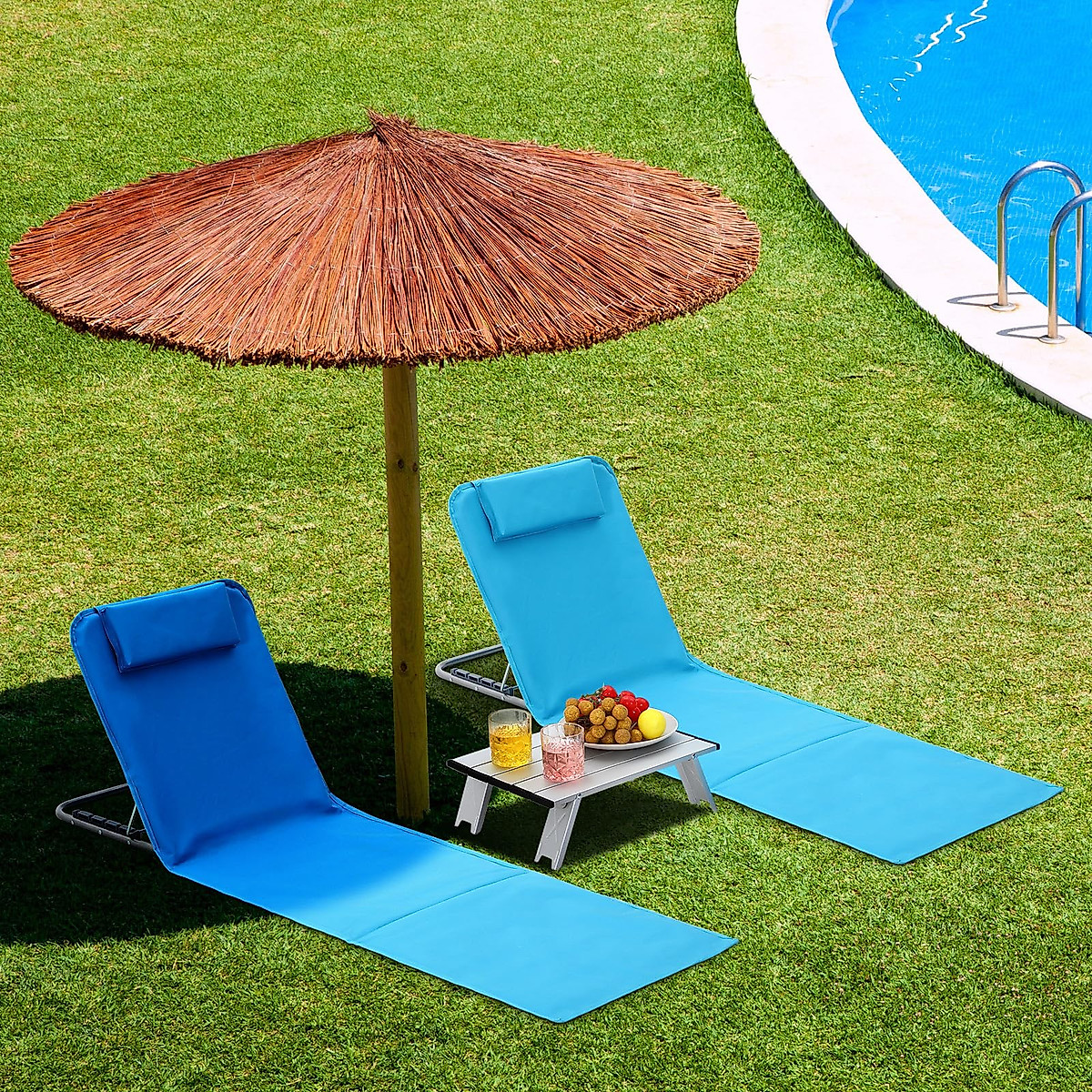 Beeveer 4 Pack Beach Lounge Chaise Chairs with 2 Folding Side Tables Portable Tanning Chair 5 Position Adjustable Lightweight Camping Chair for Sunbathing, Outdoor Yard, Lawn (Lake Blue)