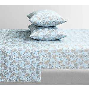 Feather & Stitch Softest 100% Cotton Sheets, 300 Thread Count Percale Weave Bedding, 16" Deep Pocket, Cooling Sheets, Breathable Bed Set, Hotel Premium Quality (King, Aqua Paisley)