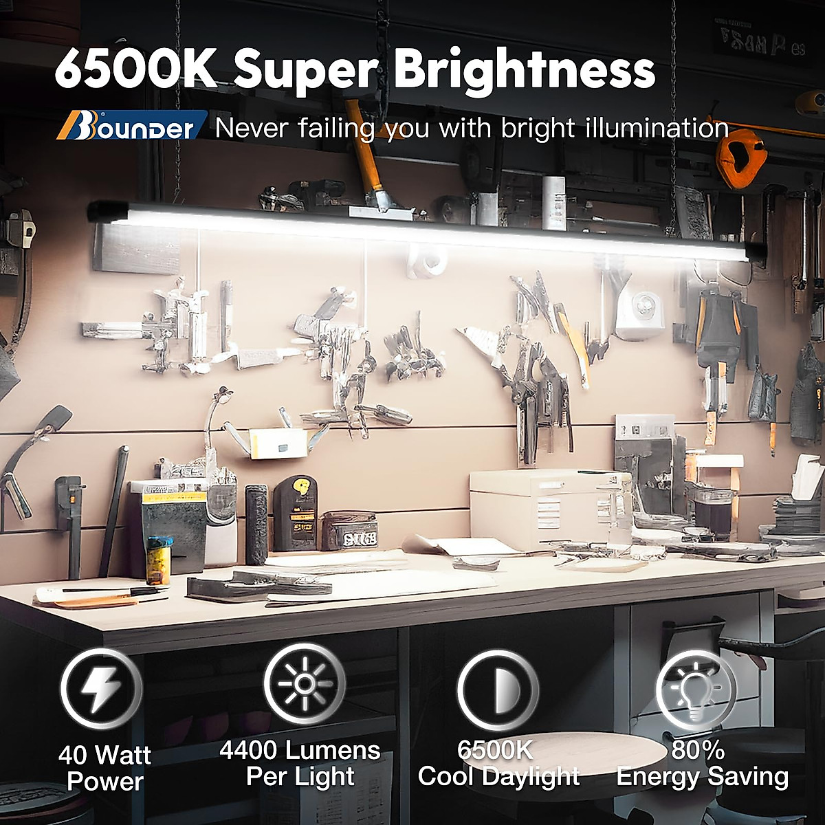 BBOUNDER 1 Pack Linkable LED Shop Light with Reflector, 4400 LM, 6500K Cool Daylight, 4 FT, 48 Inch Integrated Fixture for Garage, 40W Equivalent 250W, Surface & Suspension Mount, Black