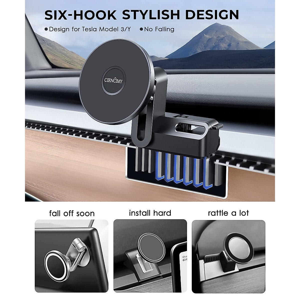 Ciencimy Tesla Phone Mount Designed for Model 3 Model Y, 【Easy Install】 Magnetic Tesla Phone Holder Compatible with MagSafe iPhone 15 Pro Max Plus 14 13 12 Mini and All Phone