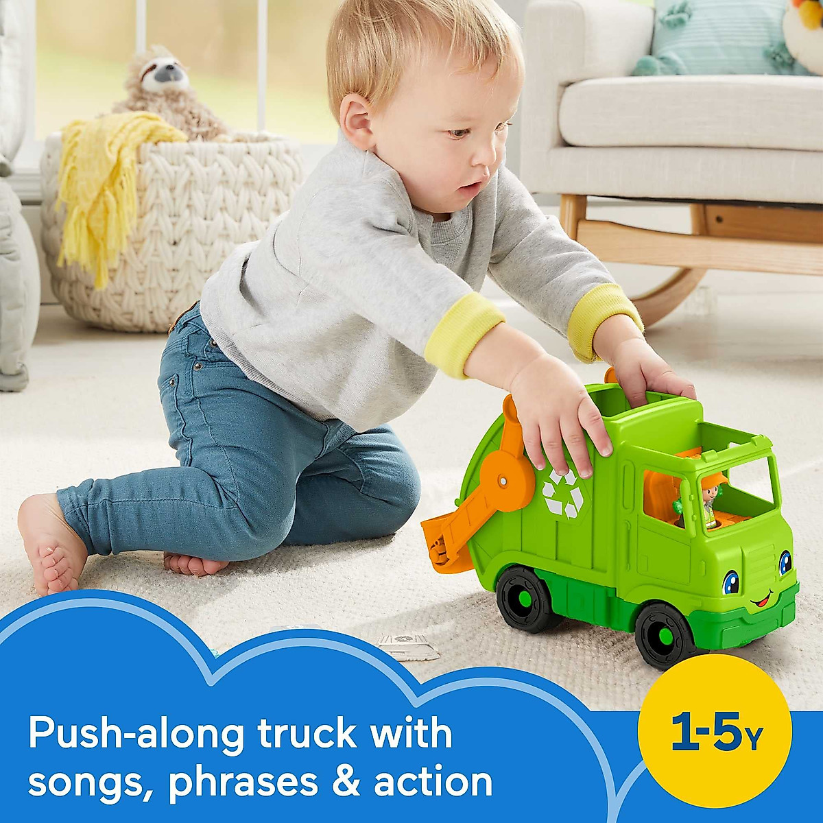 Fisher-Price Little People Toddler Toy Recycling Truck Musical Garbage Vehicle with Figure for Preschool Pretend Play Ages 1+ Years