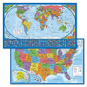 2 Pack - Laminated World Map Poster & USA Map Set - Equal Earth world map design shows continents at true relative size - US Map 18” x 29”