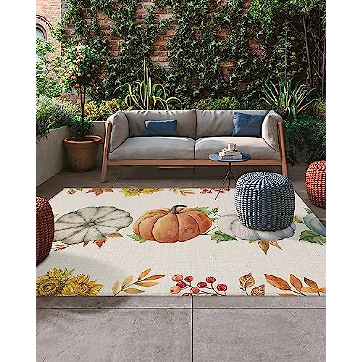 Fall Outdoor Patio Rugs Thanksgiving Pumpkin Sunflower Outdoor Area Rug Maple Leaf Non-Slip Backyard/Camping RV Rug/Deck/Porch Rug Front Door Floor Mat Carpet,6x9ft,